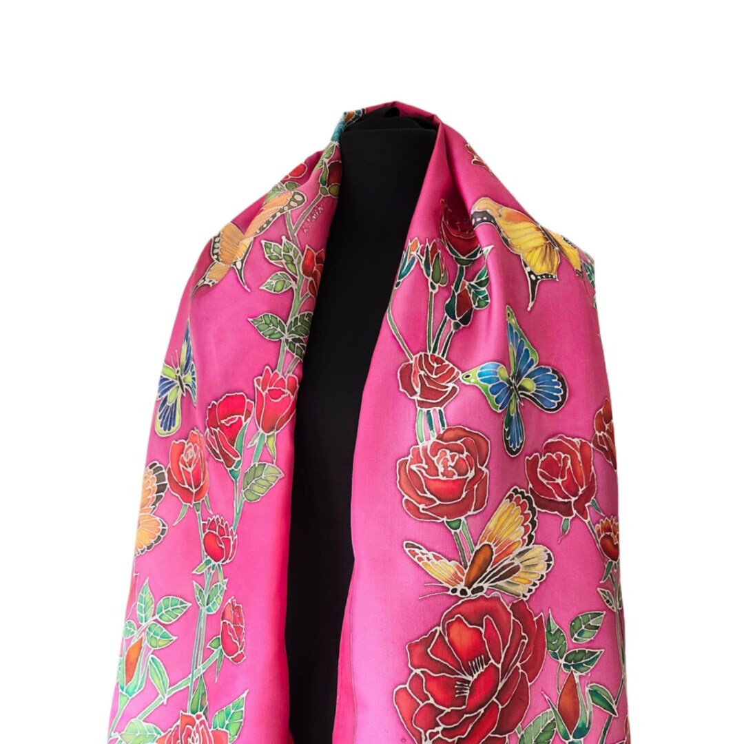 Hand-painted Silk Scarf: MADE TO ORDER Butterflies and Roses, 150x45cm ...