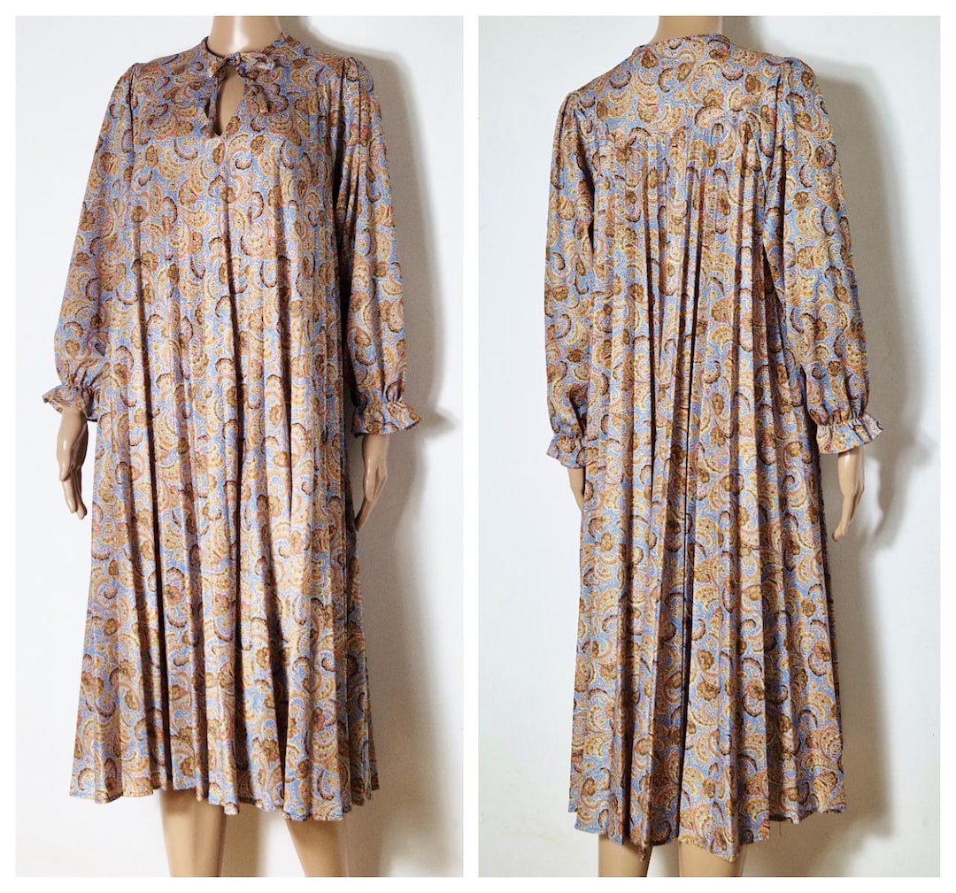 70s Mid Length Fan Pleated Tent Dress Ballooned Sleeves Tie Neckline ...