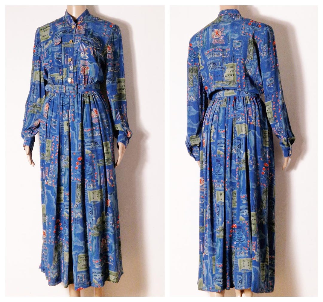 80s 90s Full Length Belted Shirt Dress Tea Dress by 'mandy Marsh' Blue ...