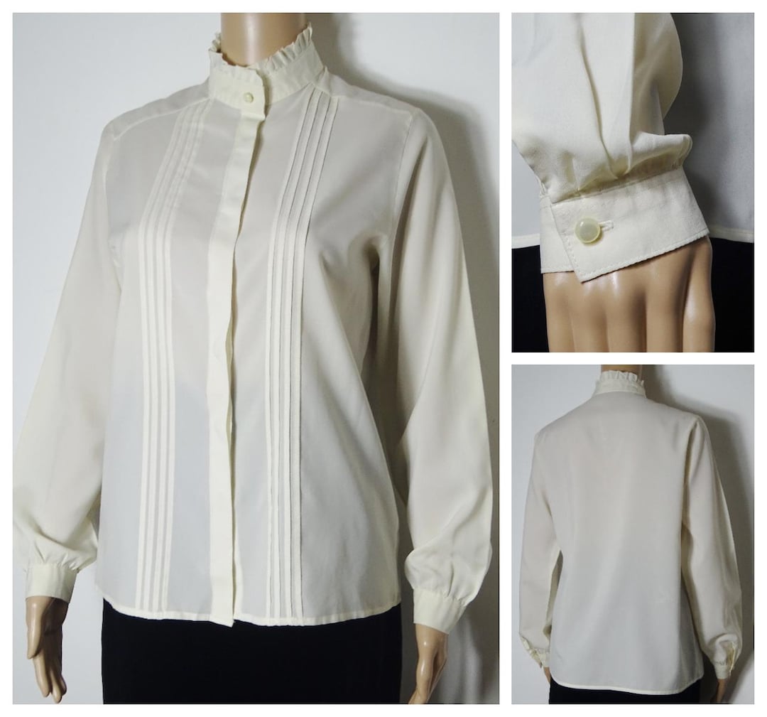 70s 80s High Neck Collar Ruffeled Collar Pleated Cream Blouse U.K. 10 ...