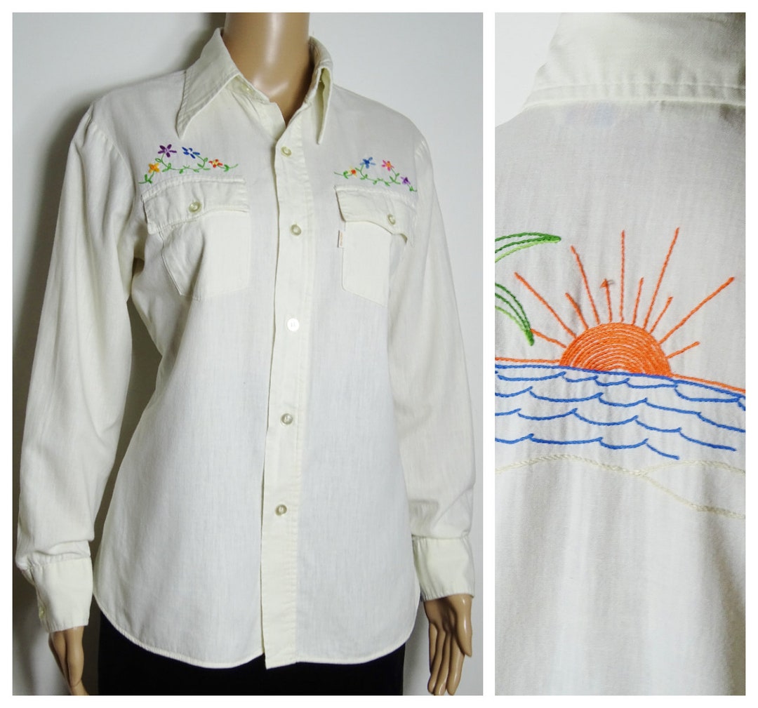 70s Levis Cream Chambray Hand Embroidered Western Shirt U.K. 10 - 12 M ...
