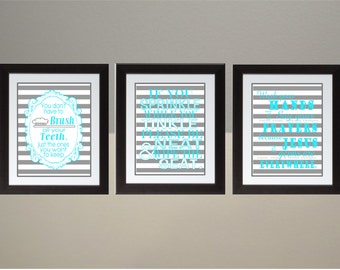 Turquoise Gray Chevron Bathroom Wall Art Print Set Poster 8x10 | Etsy