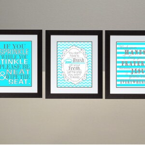 Turquoise Gray Chevron Bathroom Wall Art Print Set Poster 8x10 Digital ...