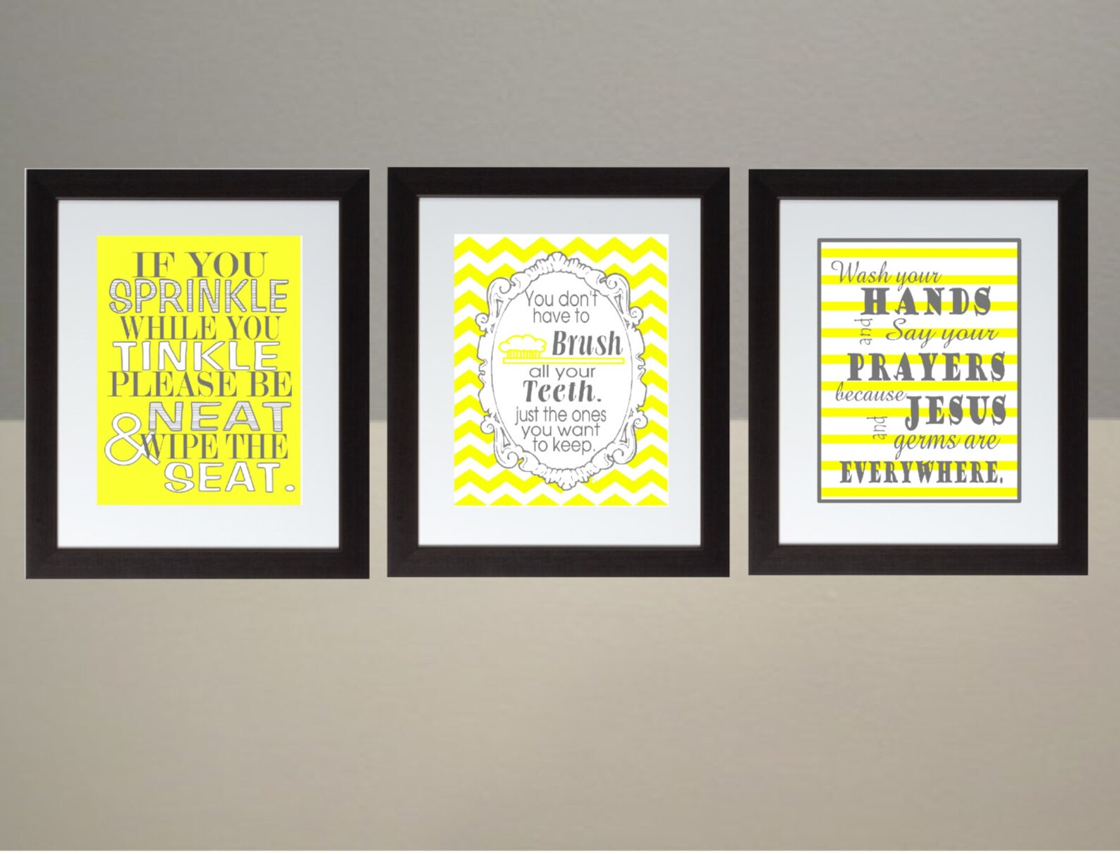 Yellow Gray Chevron Bathroom Wall Art Print Set Poster 8x10 Digital ...