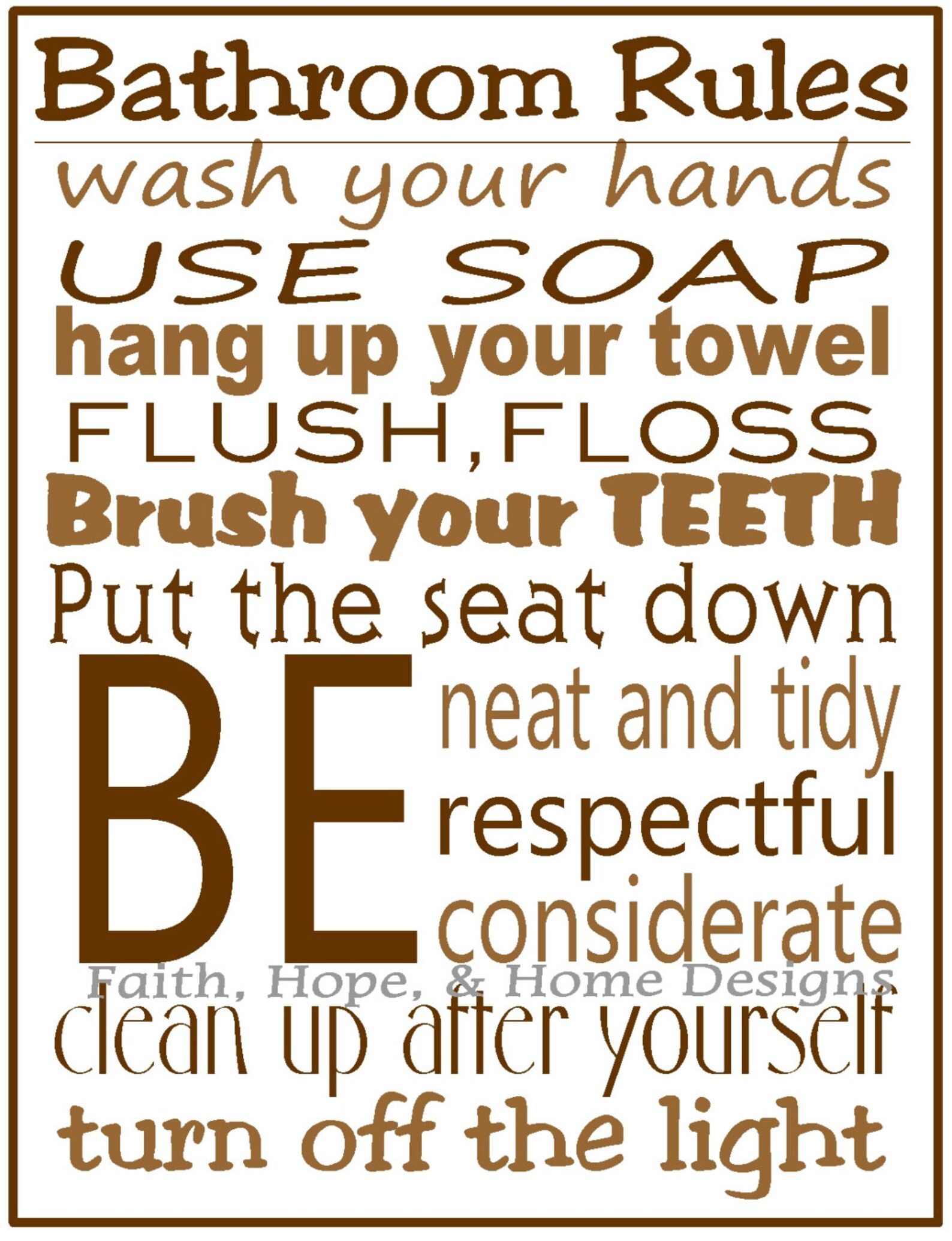 Brown Bathroom Rules Wall Art Poster 8x10 Digital Art Download ...