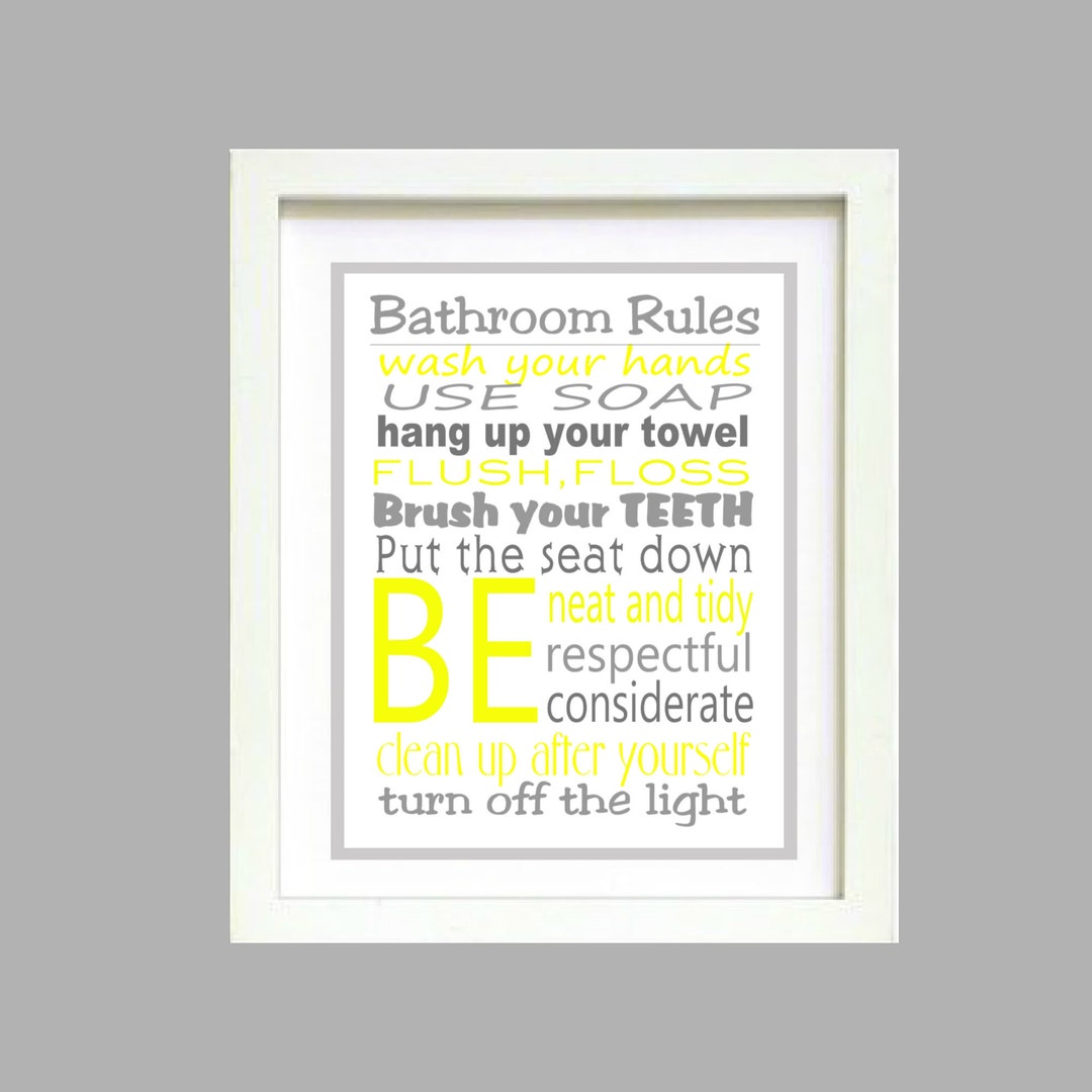 Grey and Yellow Bathroom Rules Wall Art Poster 8x10 Digital Art ...