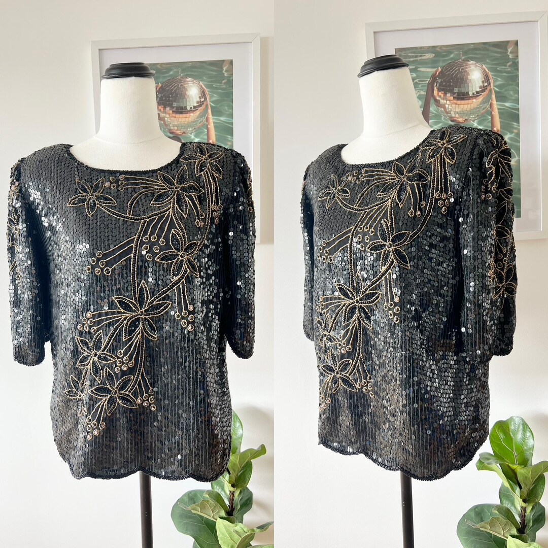 Black Beaded Top, Sequin and Bead Top, Vintage Beaded Top, Large ...
