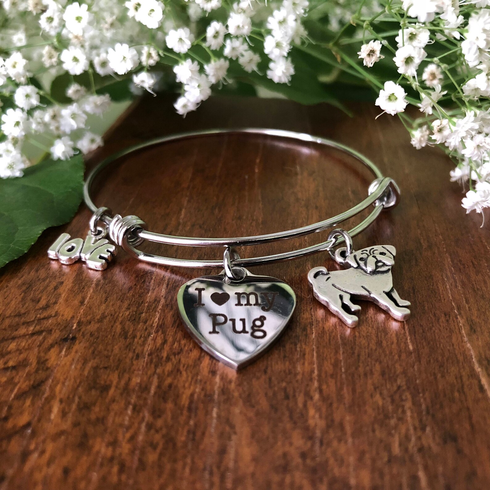 Pug Dog Bracelet - Expandable Pug Best Friend Charm Bangle - Puggle Dog ...
