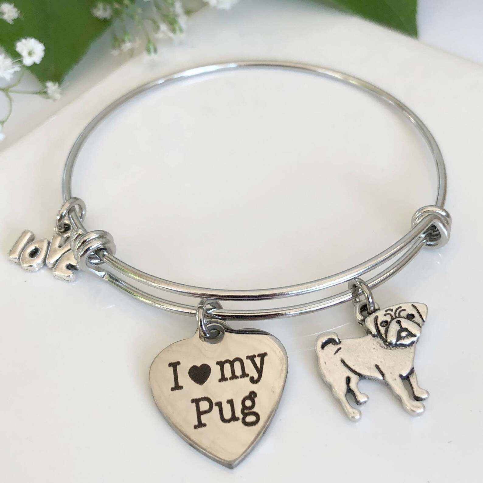 Pug Dog Bracelet - Expandable Pug Best Friend Charm Bangle - Puggle Dog ...