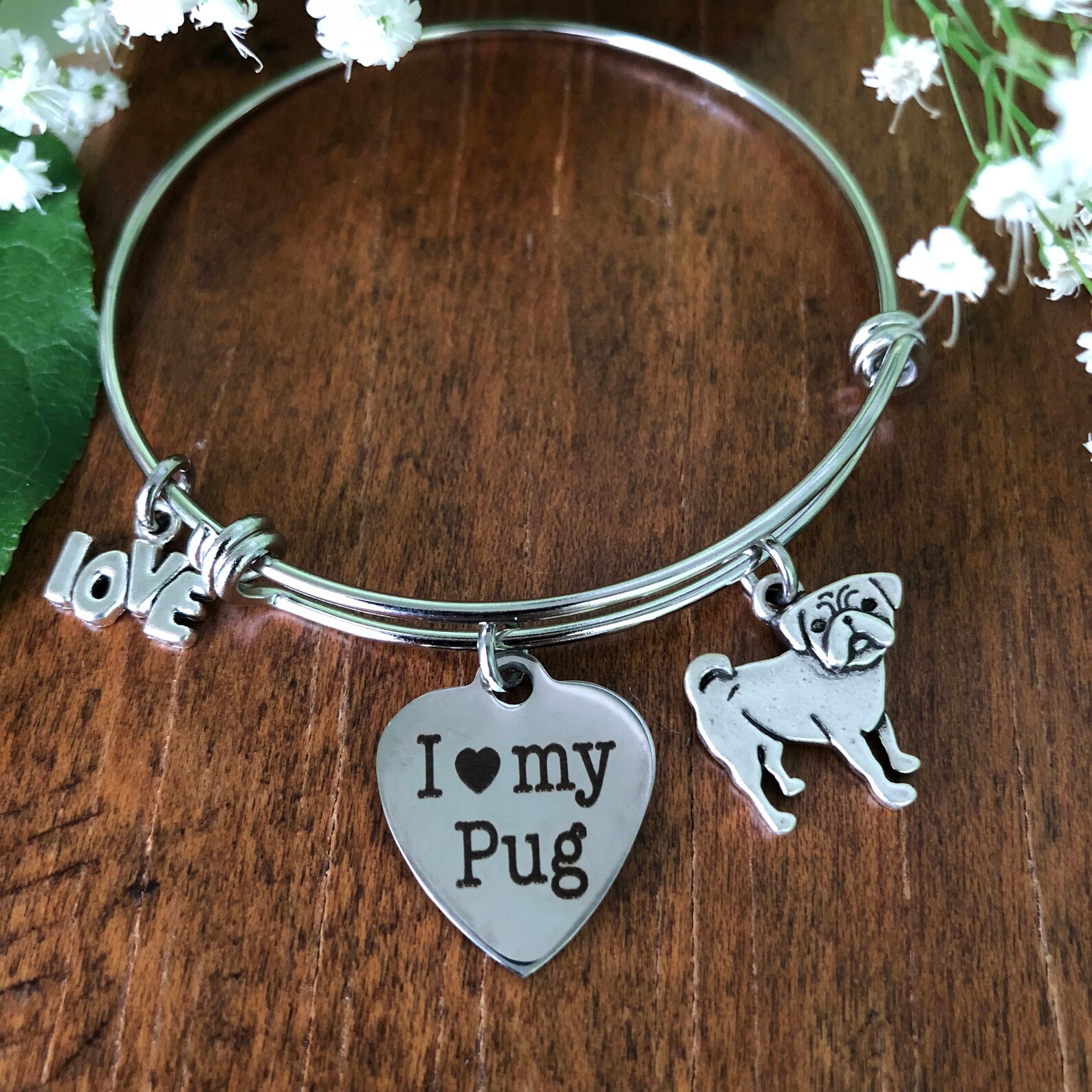 Pug Dog Bracelet - Expandable Pug Best Friend Charm Bangle - Puggle Dog ...