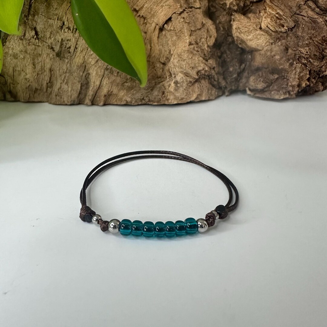 OC Beaded Beach Bracelet - Adjustable Cord Bracelet - Teal Glass Beaded ...