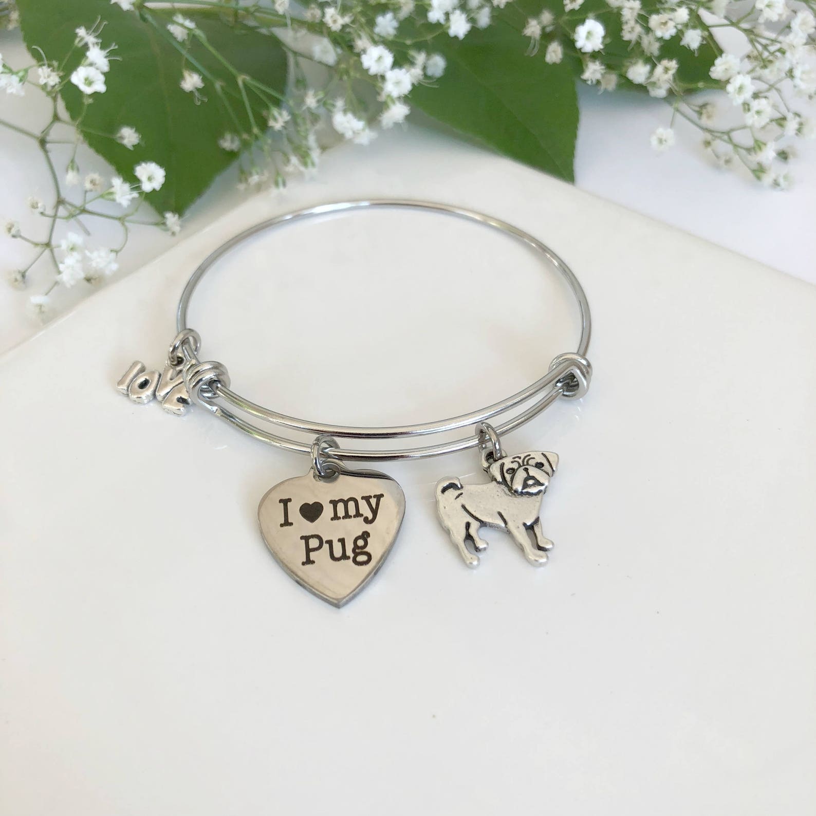 Pug Dog Bracelet - Expandable Pug Best Friend Charm Bangle - Puggle Dog ...