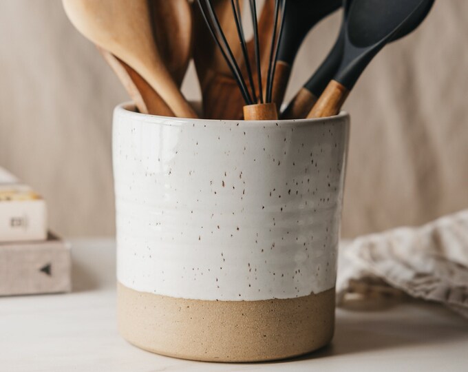 Speckled White Utensil Holder - Ceramic Crock - Utensil Caddy - Ceramic ...