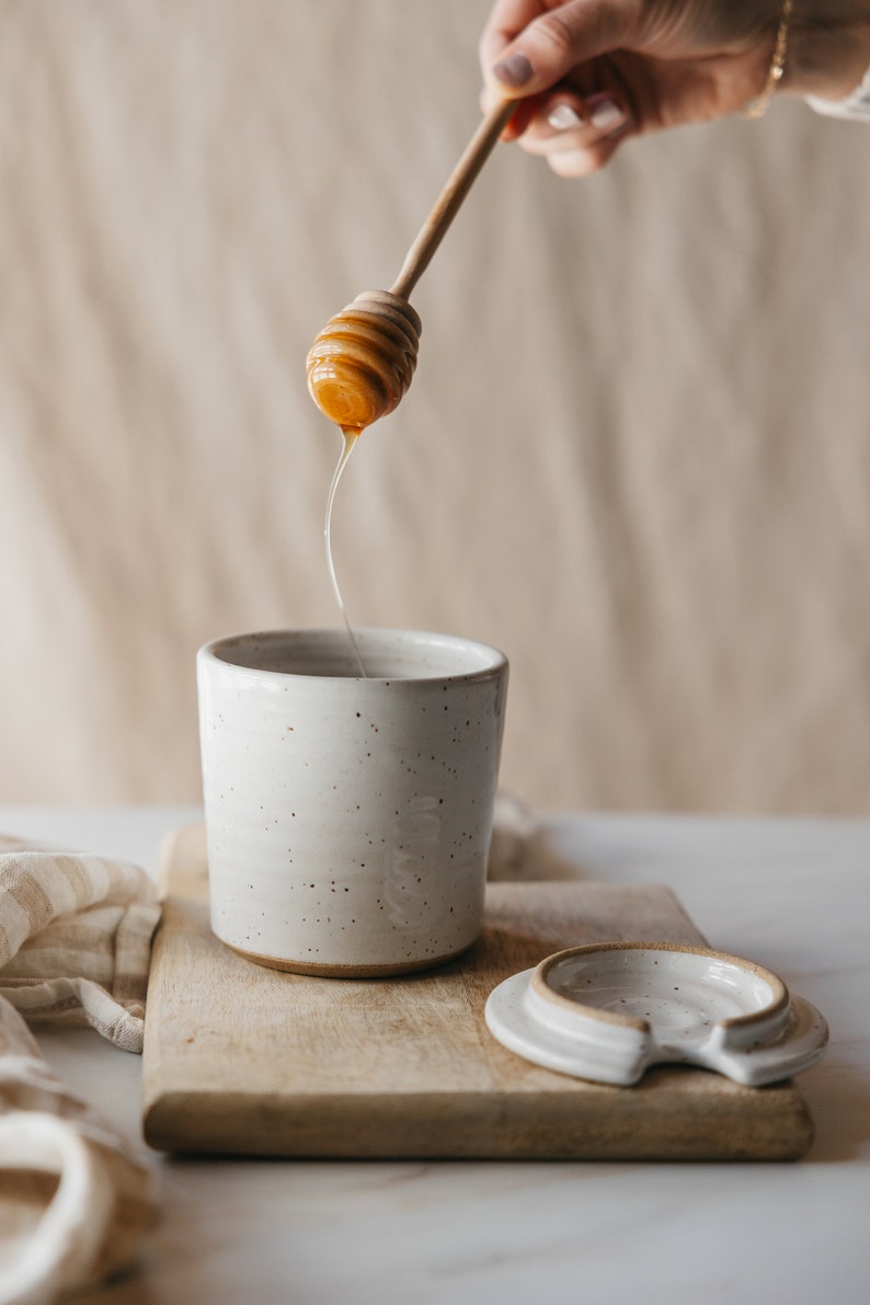 Speckled White Honey Pot With Honey Dipper - Handmade Ceramic Sugar ...