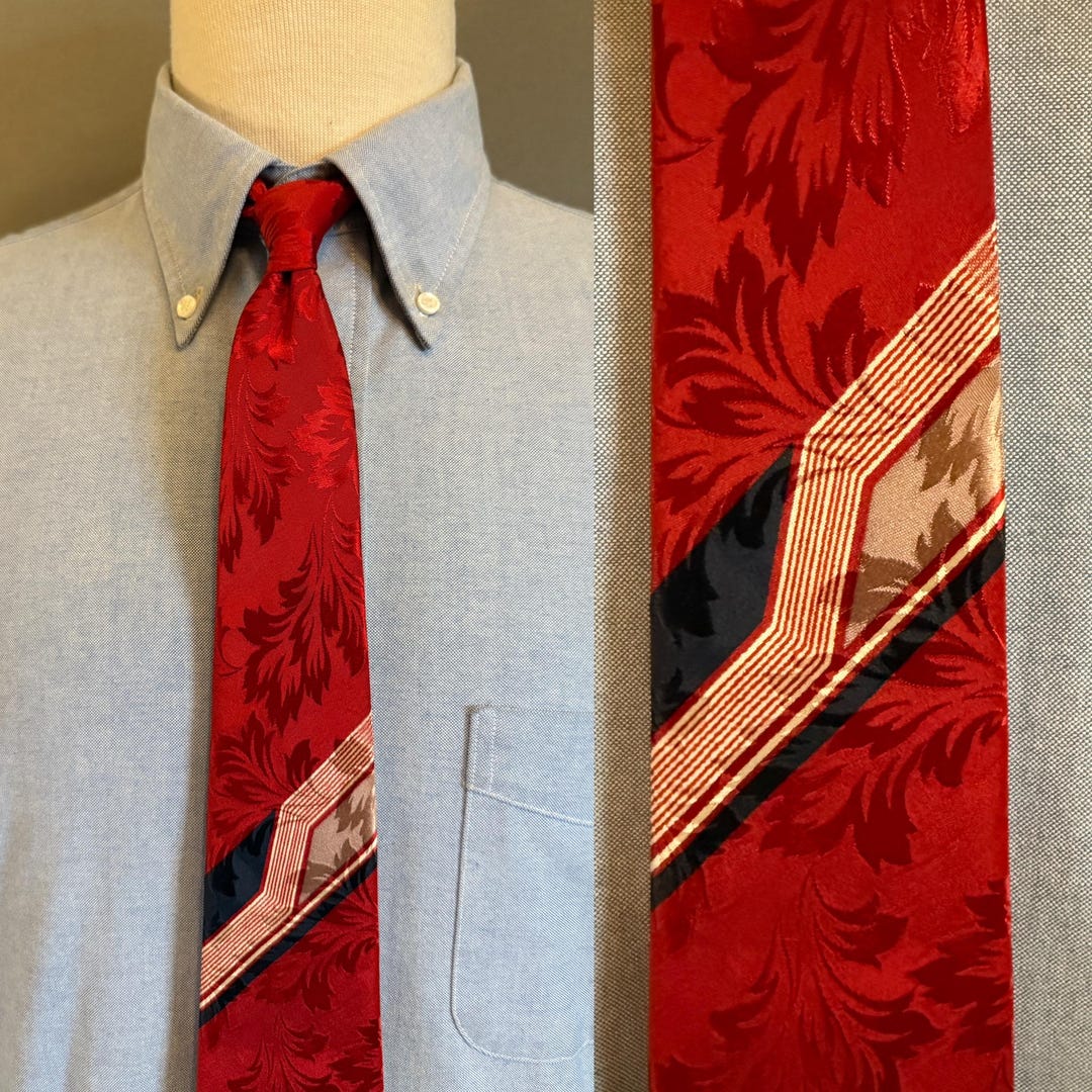 1950s-60s Red Geometric Stripe + Leaves Pattern Men's Rayon Tie - Etsy