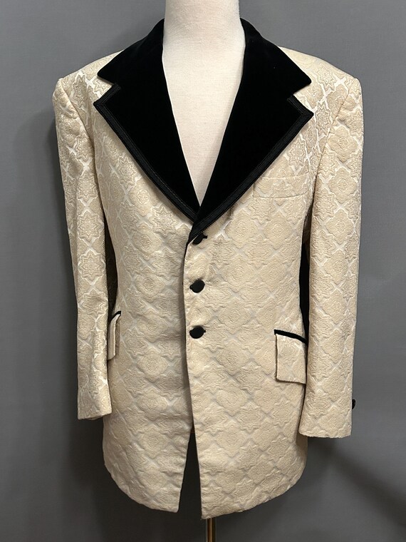 1970s Ivory + White Brocade and Black Velvet Lapel Tu… - Gem