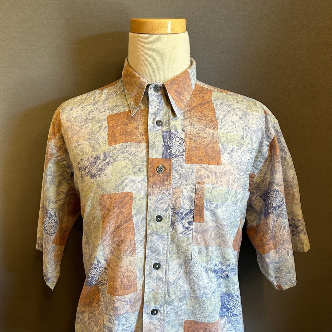 1980s Gray/blue/rust Patchwork Pattern Men's Short Sleeve Rayon Blend ...