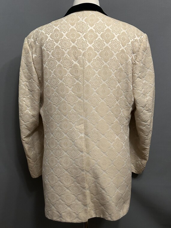 1970s Ivory + White Brocade and Black Velvet Lapel Tu… - Gem