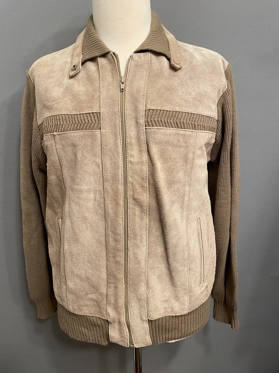1970s Light Cocoa Brown Knit + Suede Men's Zip-Front … - Gem