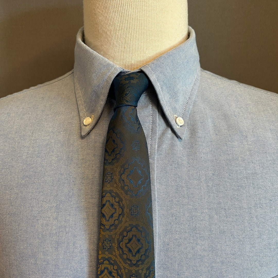 1960s Blue Shiny Gold Brocade Pattern Men's Dacron Skinny Tie by ...