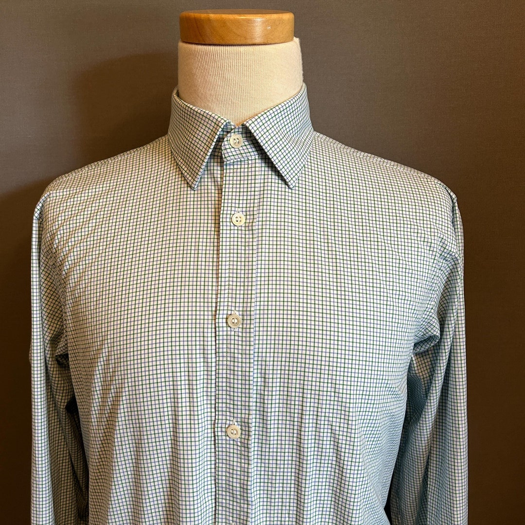 1990s Hilditch & Key Green Blue Plaid Striped French Cuff Dress Shirt ...