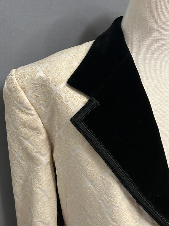 1970s Ivory + White Brocade and Black Velvet Lapel Tu… - Gem