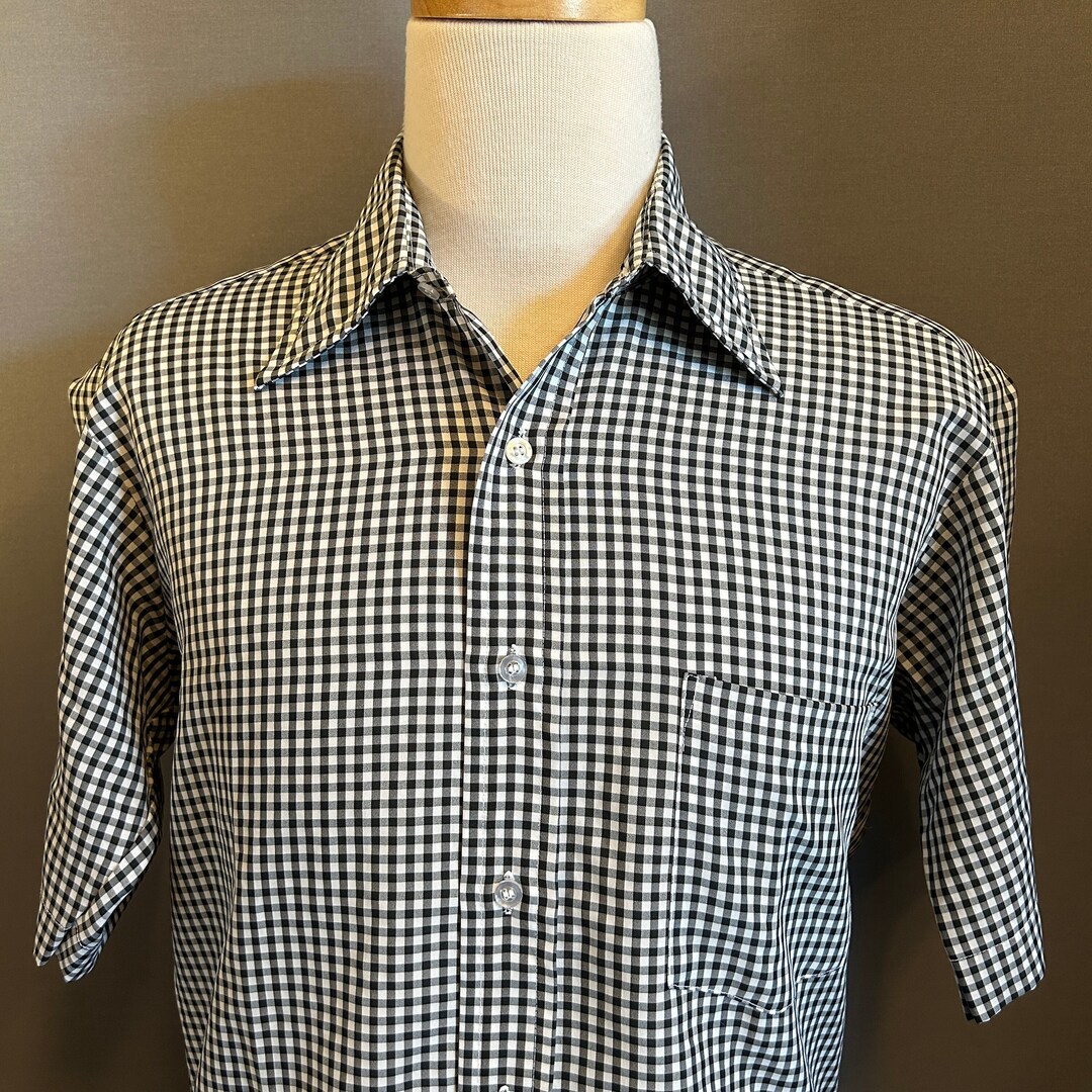 1970s Navy White Gingham Men's Dacron Short Sleeve Shirt by Sears SIZE ...