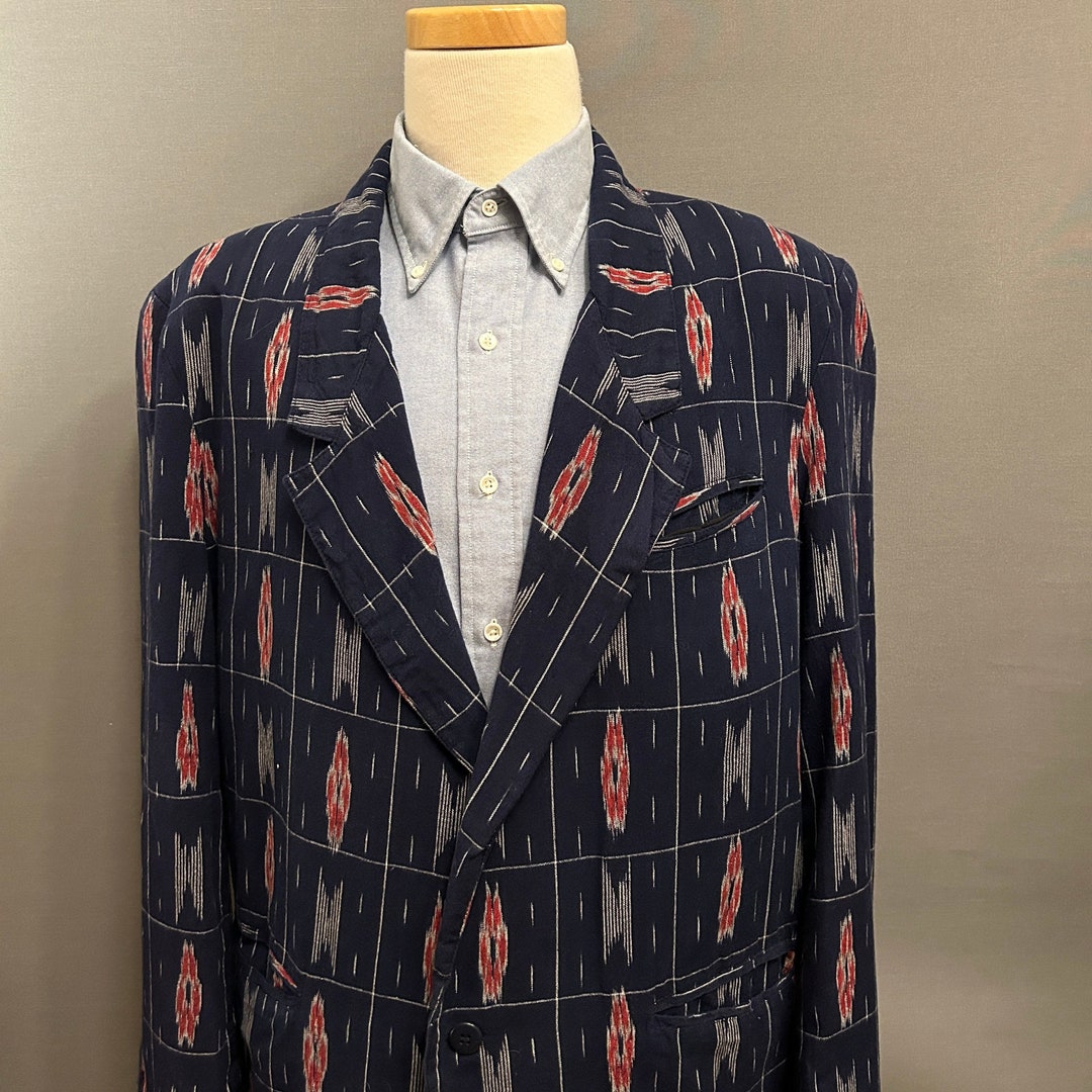 1980s Ikat Windowpane Pattern Men's Indian Cotton One Button Blazer ...