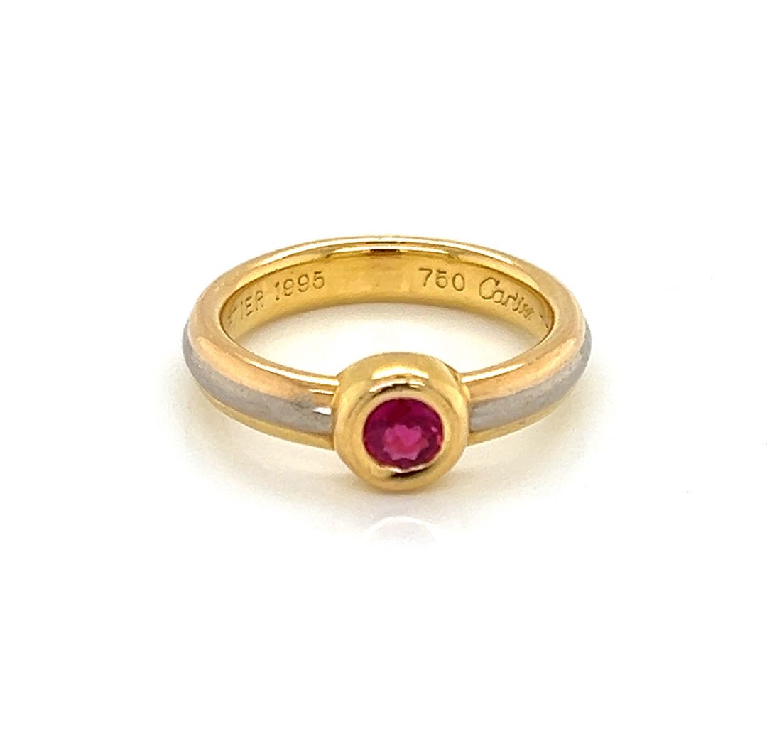 26504 - Cartier 18k Tri Color Gold Ruby Stack Band Ring W/cert - Size 4 ...