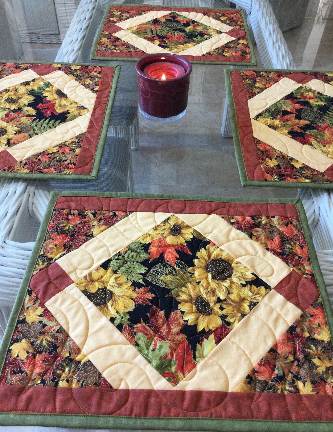 Sunflower Placemats, Fall Table Mats, Quilted Fall Placemats,, Ready to ...