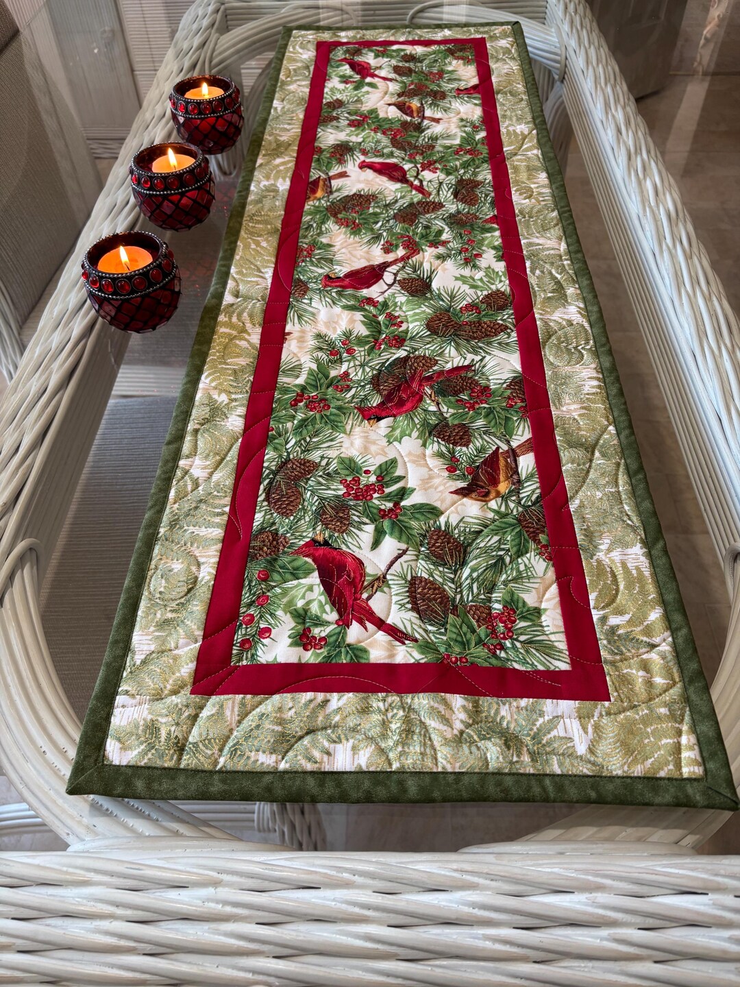 Handmade Christmas Table Runner: Cardinal & Pinecone Quilted Decor - Etsy