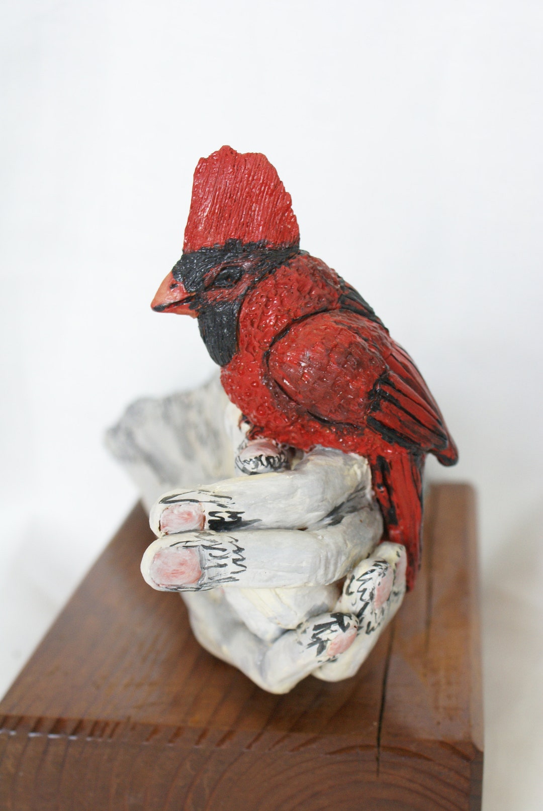 Ceramic Statuette on a Wooden Base "warming - Red Bird in Hands",animal ...