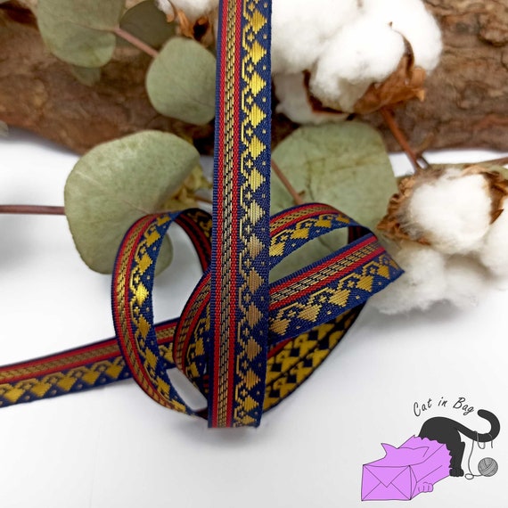 Blue Jacquard Ribbon Embroidered in Gold and Red Approx 15 - Etsy
