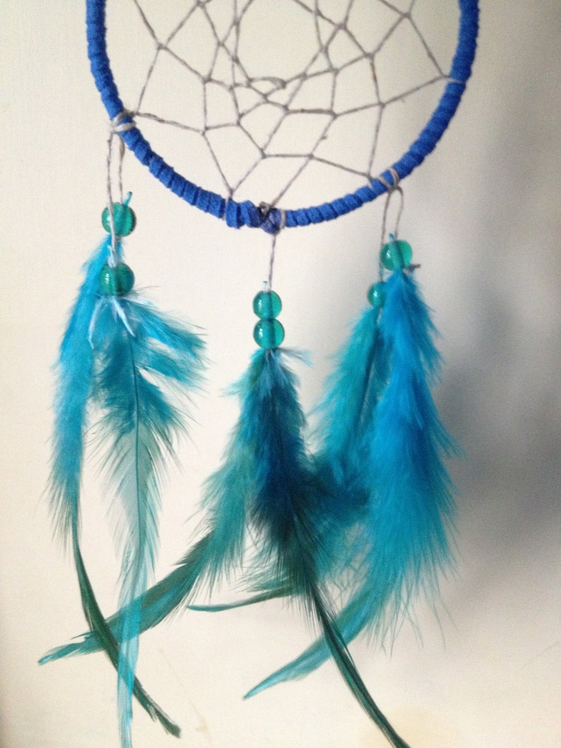 Blue dream catcher faux suede blue feathers white web and & | Etsy