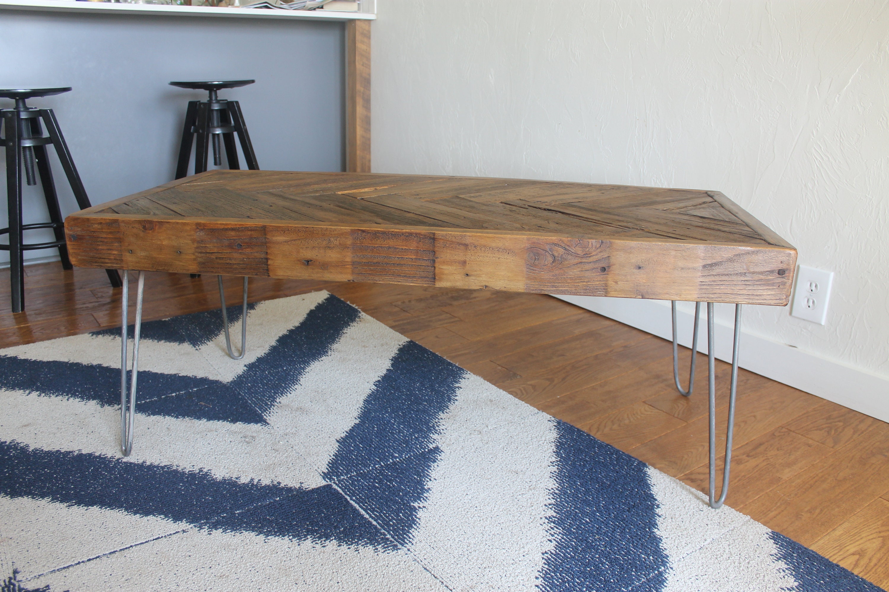 Herringbone Reclaimed Wood Coffee Table on Hairpin Legs - Mid Century ...