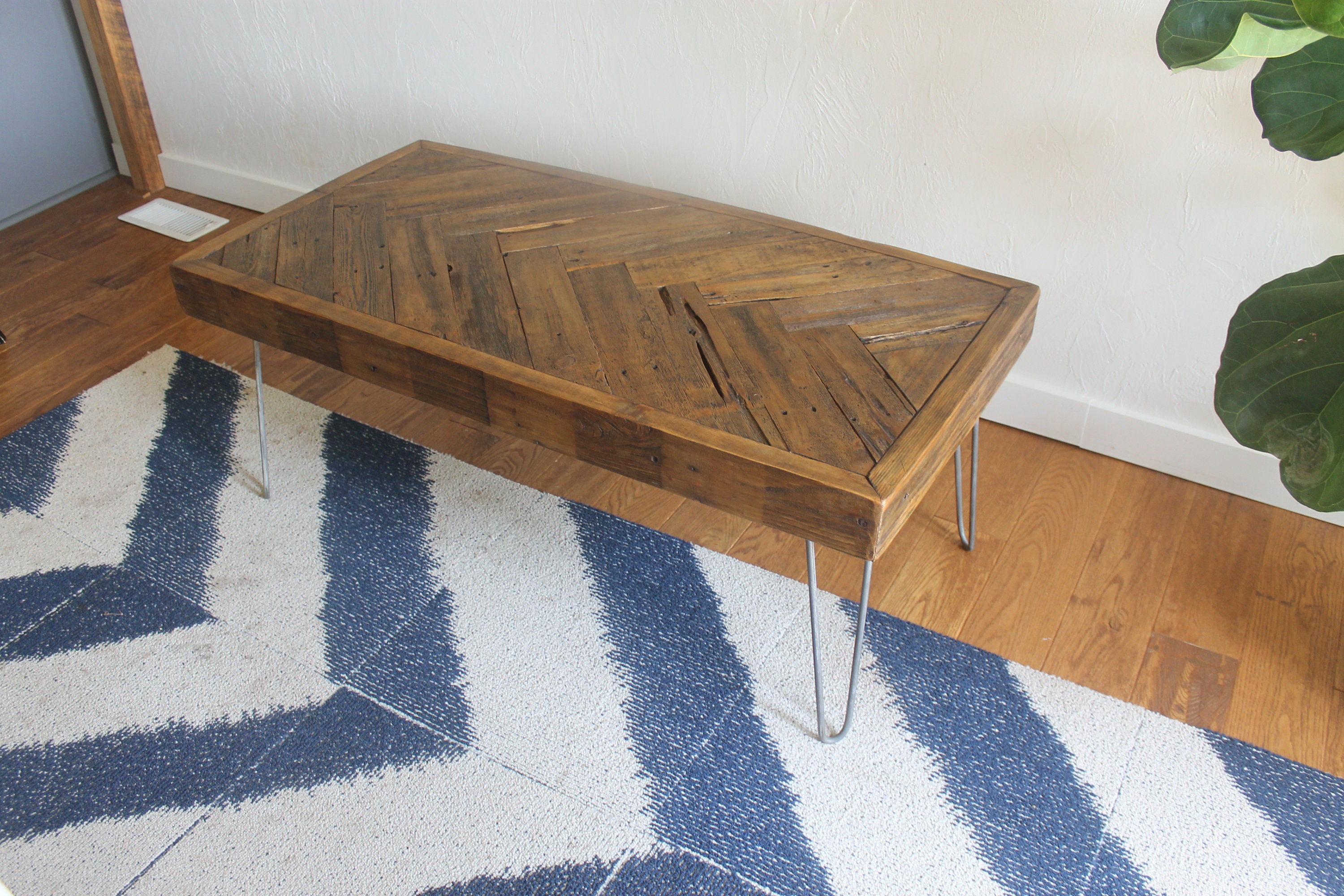 Herringbone Reclaimed Wood Coffee Table on Hairpin Legs - Mid Century ...