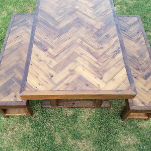 Farmhouse Reclaimed Wood Herringbone Dining Table & Benches Set ...