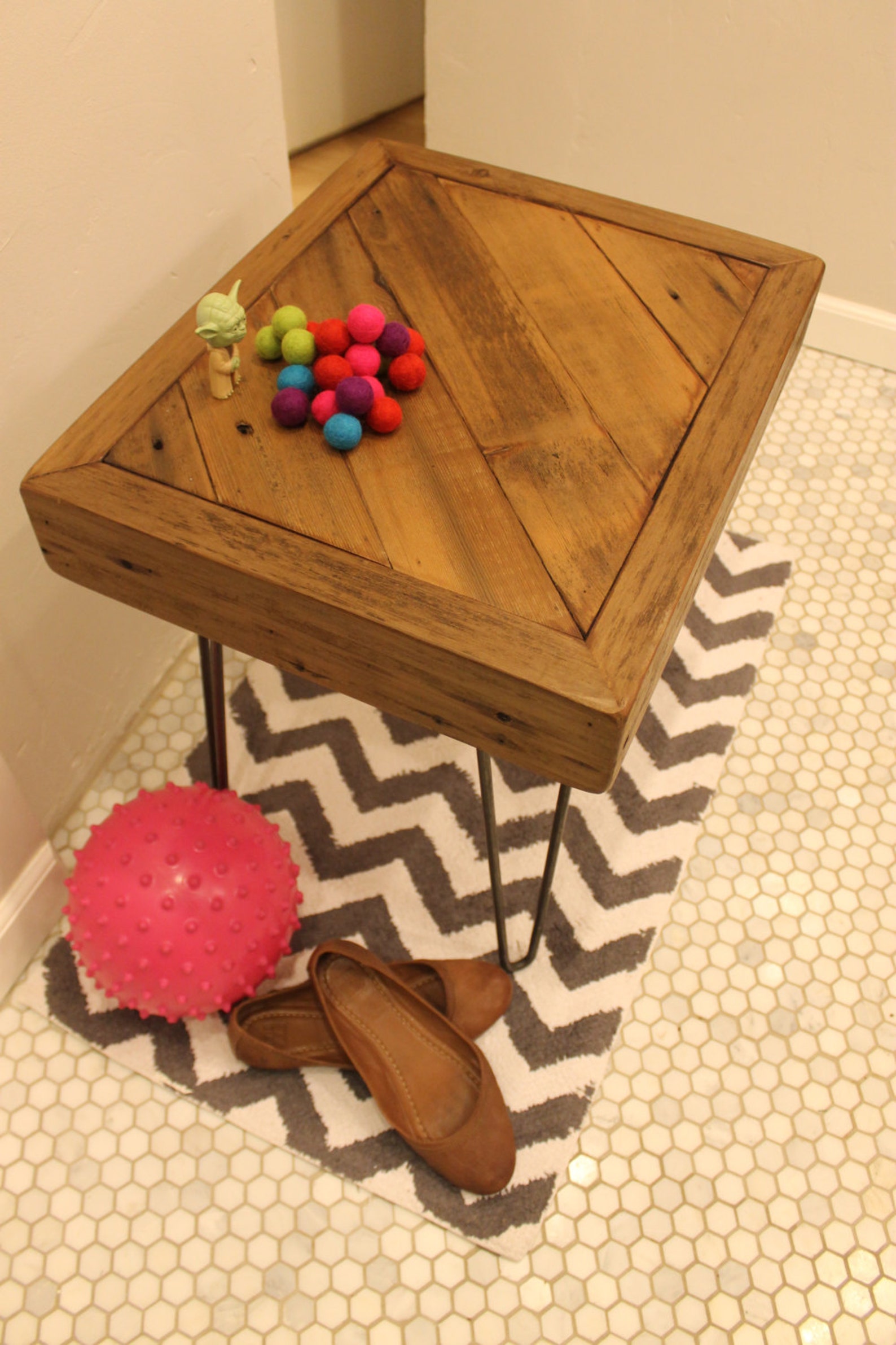 Half Chevron Reclaimed Wood Side Table on Hairpin Legs Mid | Etsy