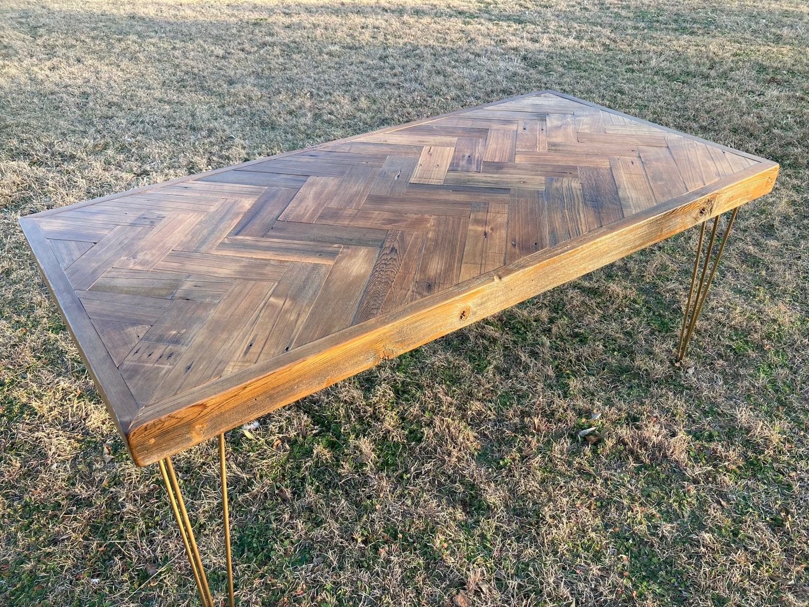 Reclaimed Wood Herringbone Dining Table on Gold Hairpin Legs - the ...