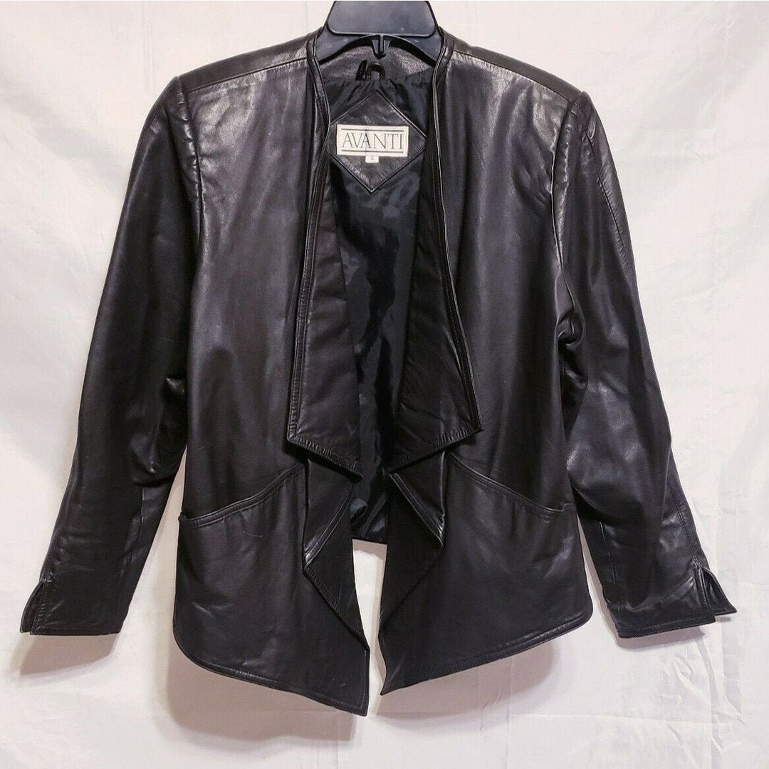 Vintage Avanti Black Leather Jacket Size Small Open Front Lined Pockets ...