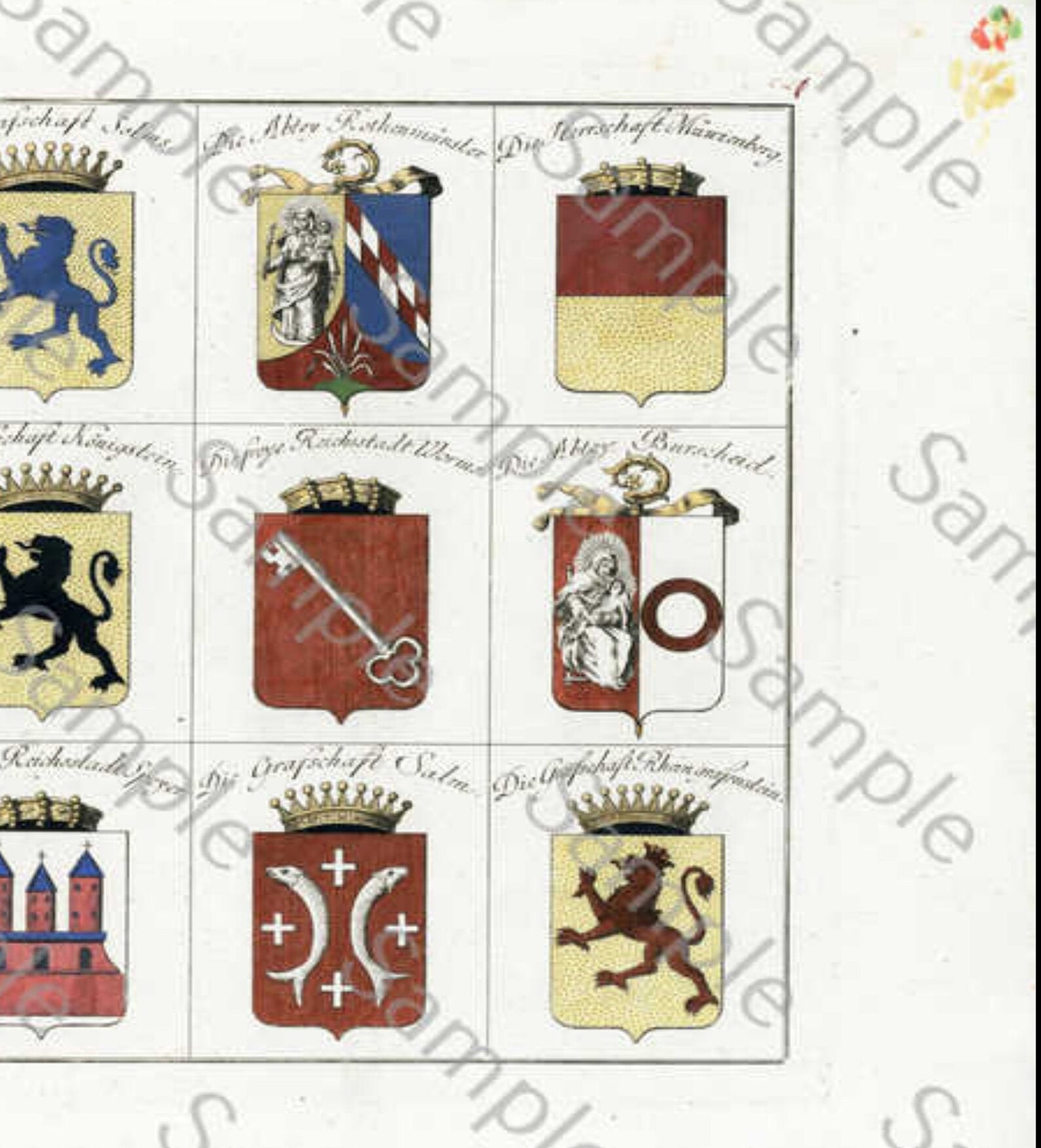 HERALDRY coat of arms large copper engraving hand colored | Etsy