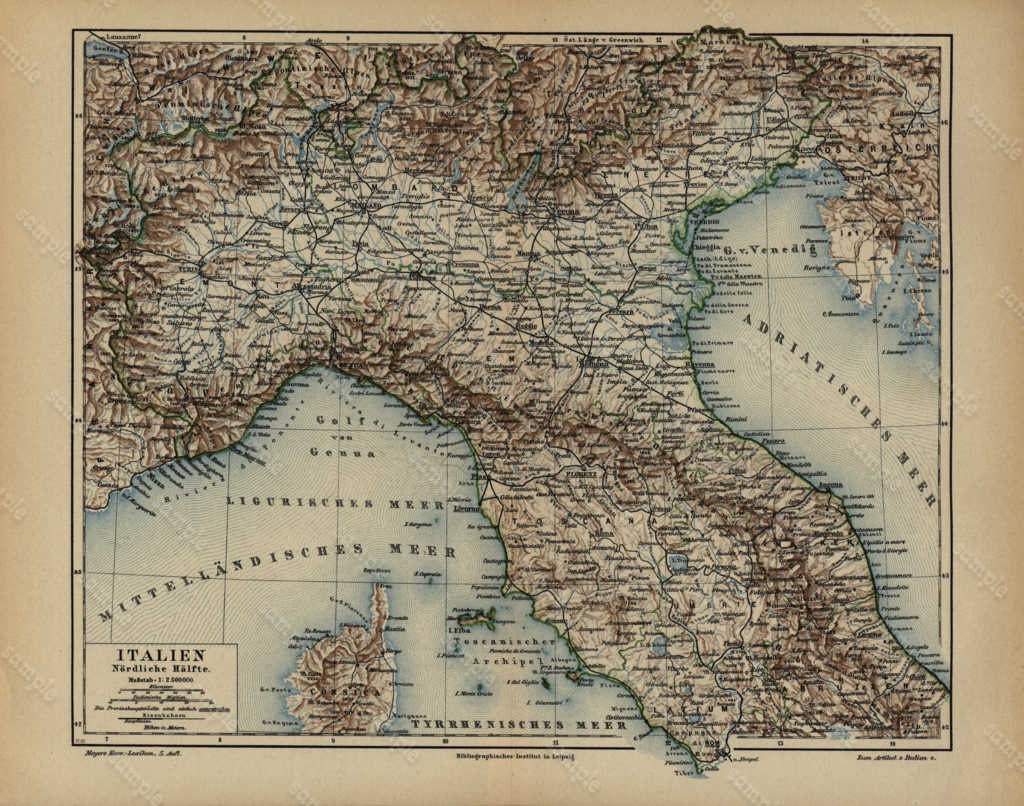Antique Original Map Print of Italian Italy 1890 Beautiful Colored Map ...