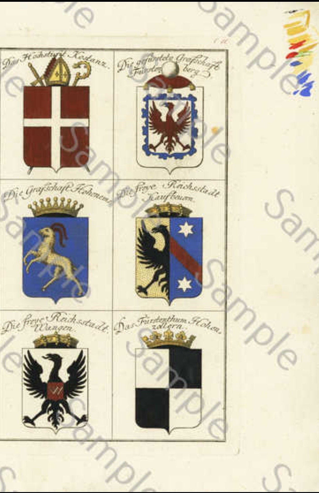 HERALDRY Coat of Arms Large Copper Engraving Hand Colored - Etsy