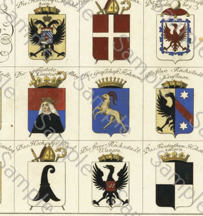 HERALDRY Coat of Arms Large Copper Engraving Hand Colored - Etsy