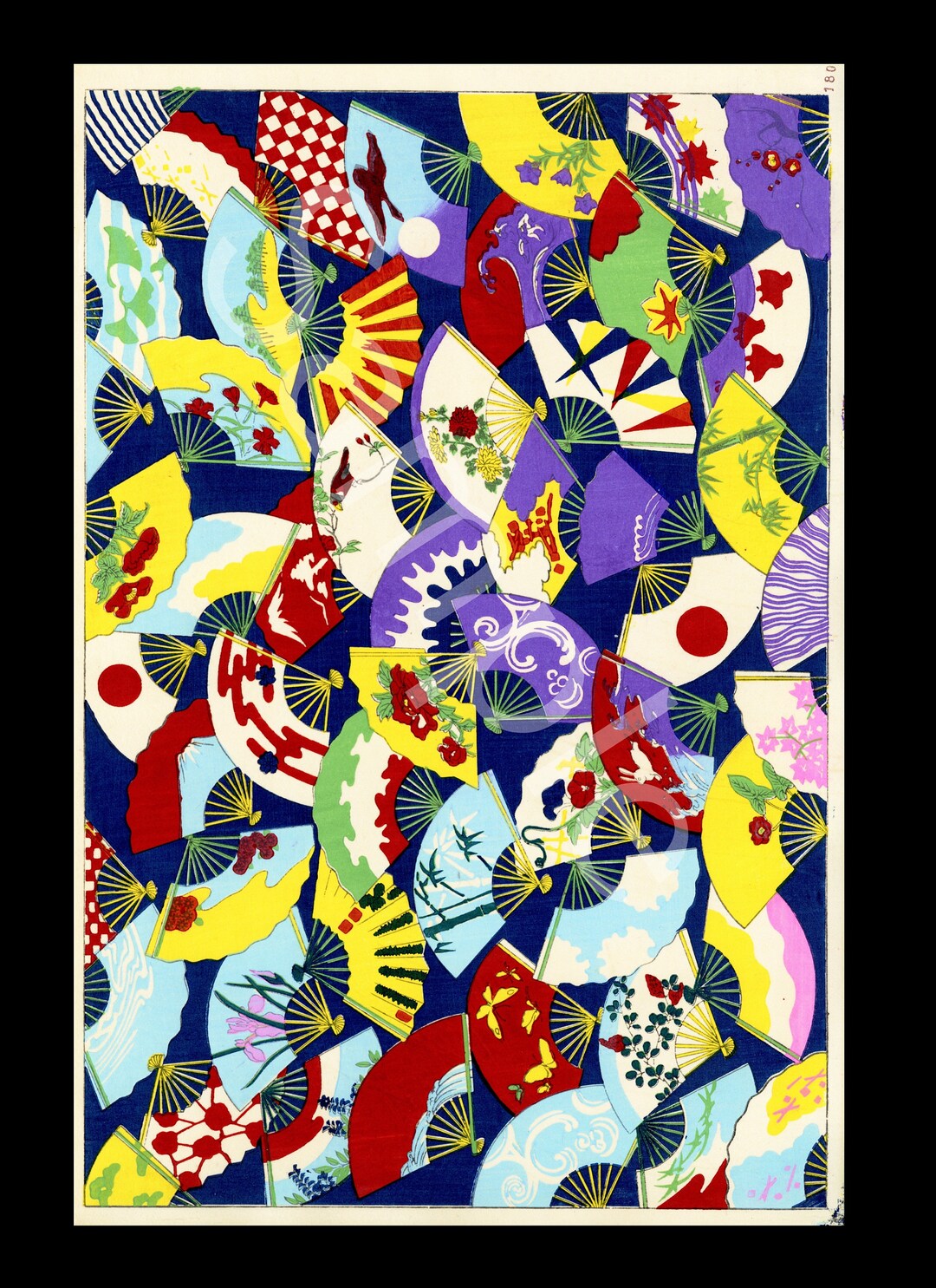 Japanese Wood Block Print Fans Patterns Large Format Print 16 X 10.25 ...