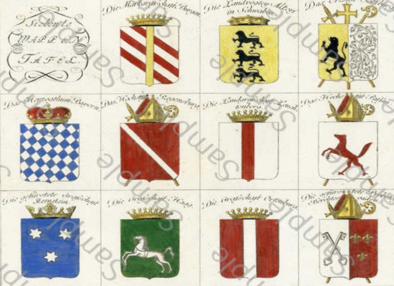 HERALDRY, Coat of Arms , Large Copper Engraving, Hand Colored Plate ...