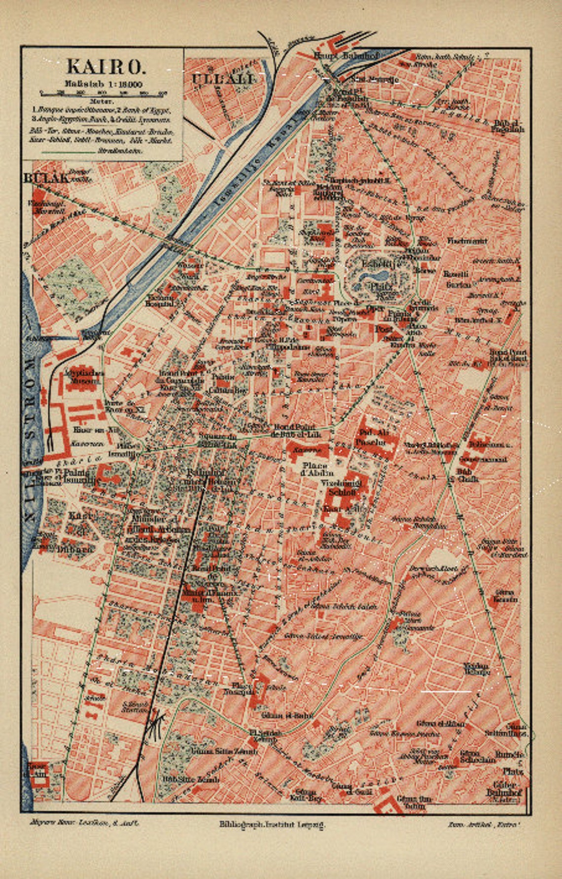 Antique Original Map Print of Kairo cairo Egypt 1890 Beautiful Colored ...