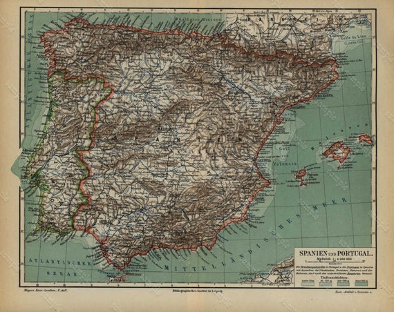 Map of Spain and Portugal Antique Original Map Print 1890 | Etsy