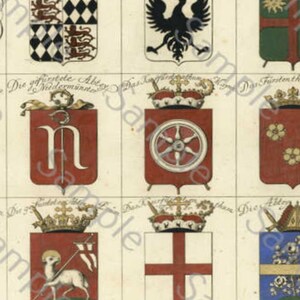 HERALDRY, Coat of Arms , Large Copper Engraving, Hand Colored Plate ...