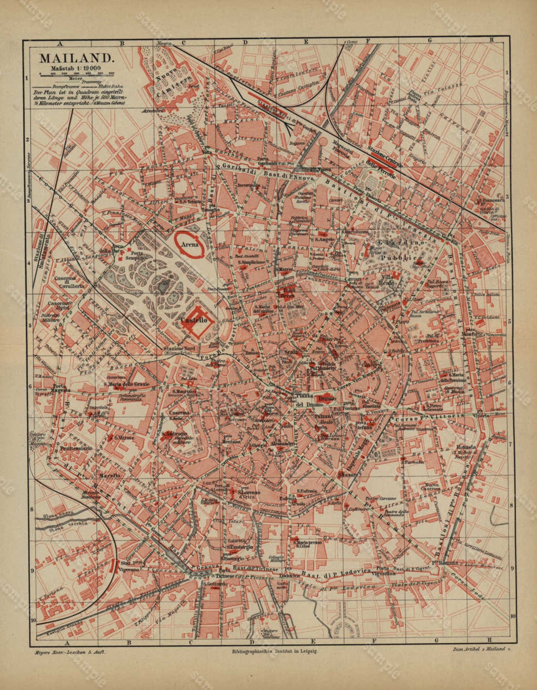 Antique Original Map Print of Italian Italy Milan 1890 Beautiful ...